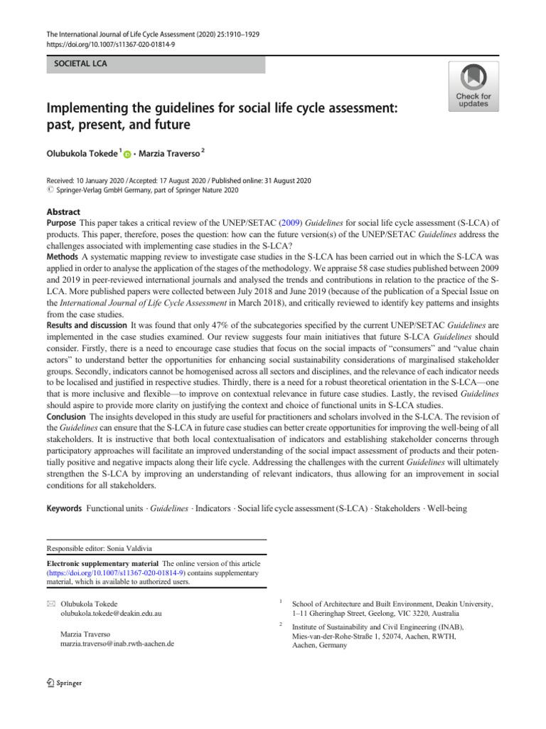 Implementing The Guidelines For Social Life Cycle Assessment - Past ...