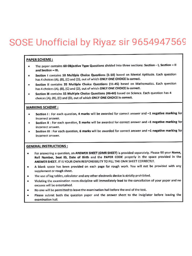 SOSE Stem Mock Test 2 by Sir Riyaz Classes 9654947569 | PDF