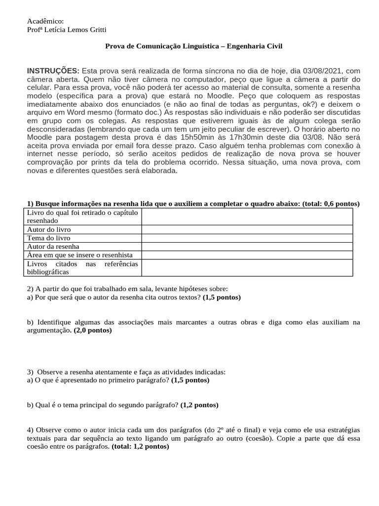 Prova - Resenha - Eng. Civil | PDF | Computadores