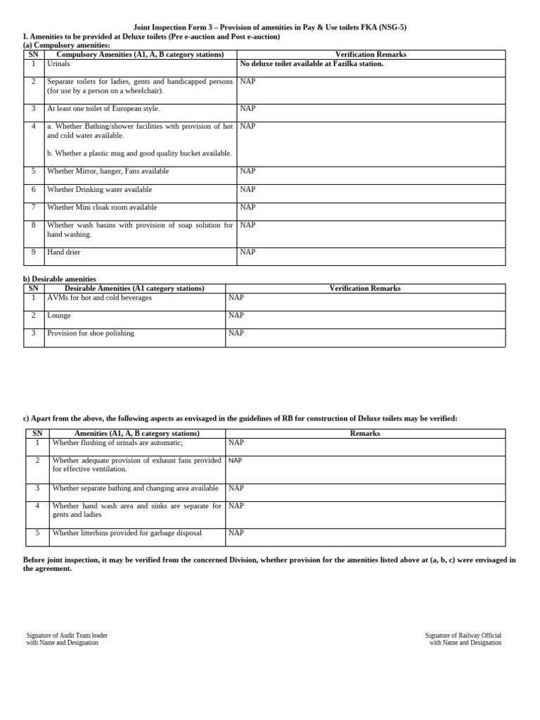 Joint Inspection Form 3 Amenities in | PDF | Toilet | Public Health