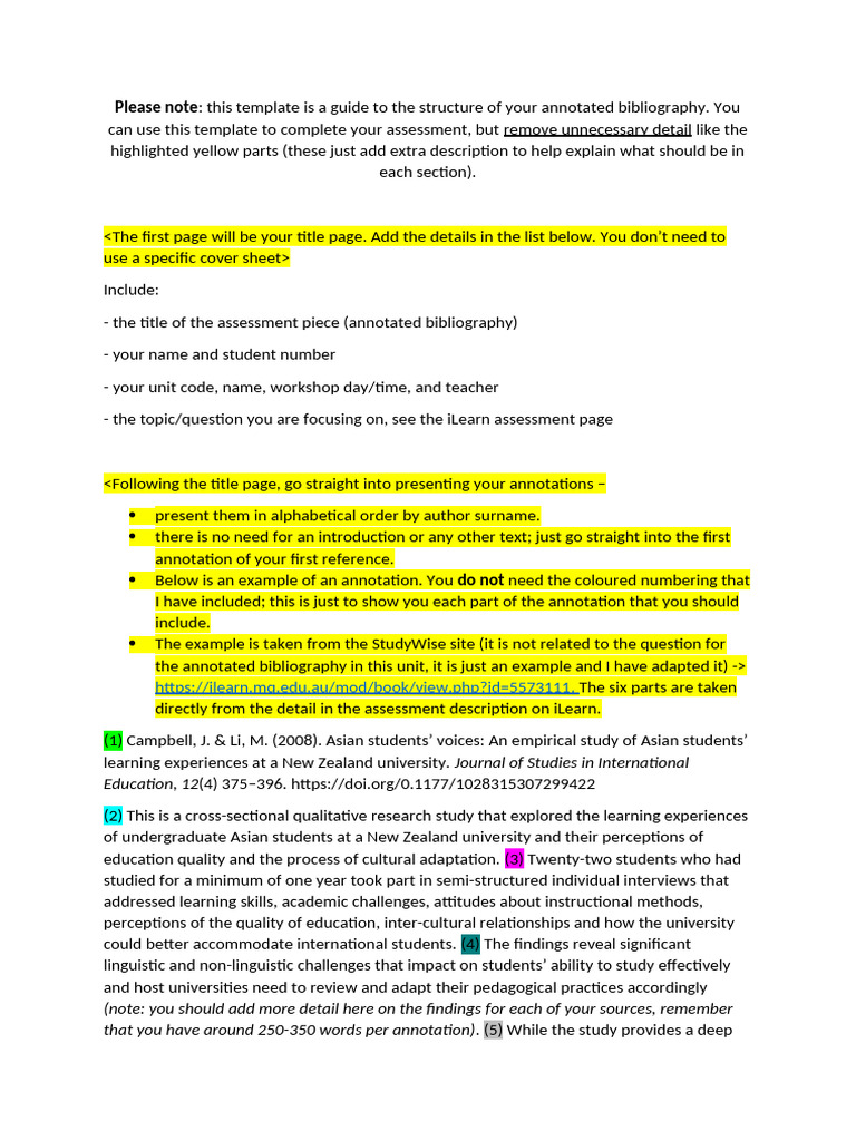 Annotated Bibliography Template - 6051 - S2 2024 | PDF | Bibliography ...