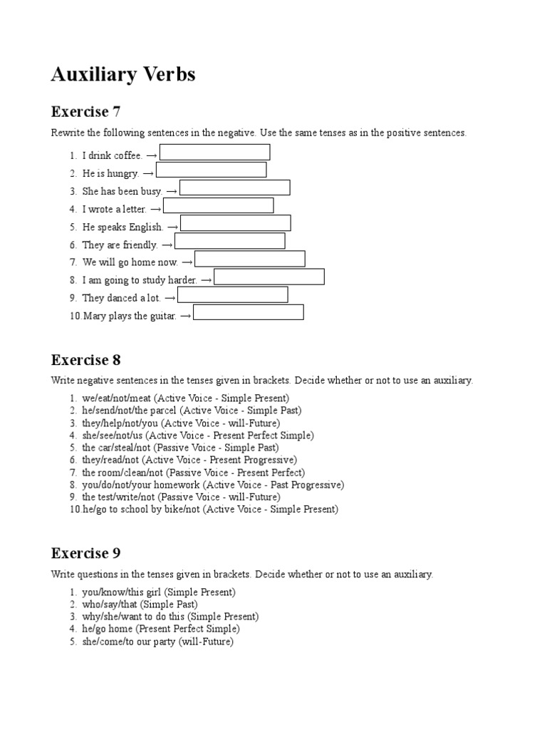 Auxiliary Verb Exercises | PDF | Perfect (Grammar) | Verb