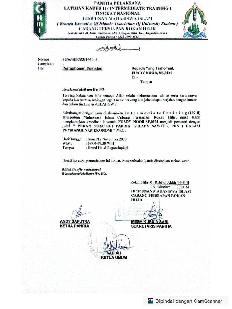 Permohonan Pemateri Kakanda FUADY NOOR, SE, MM | PDF