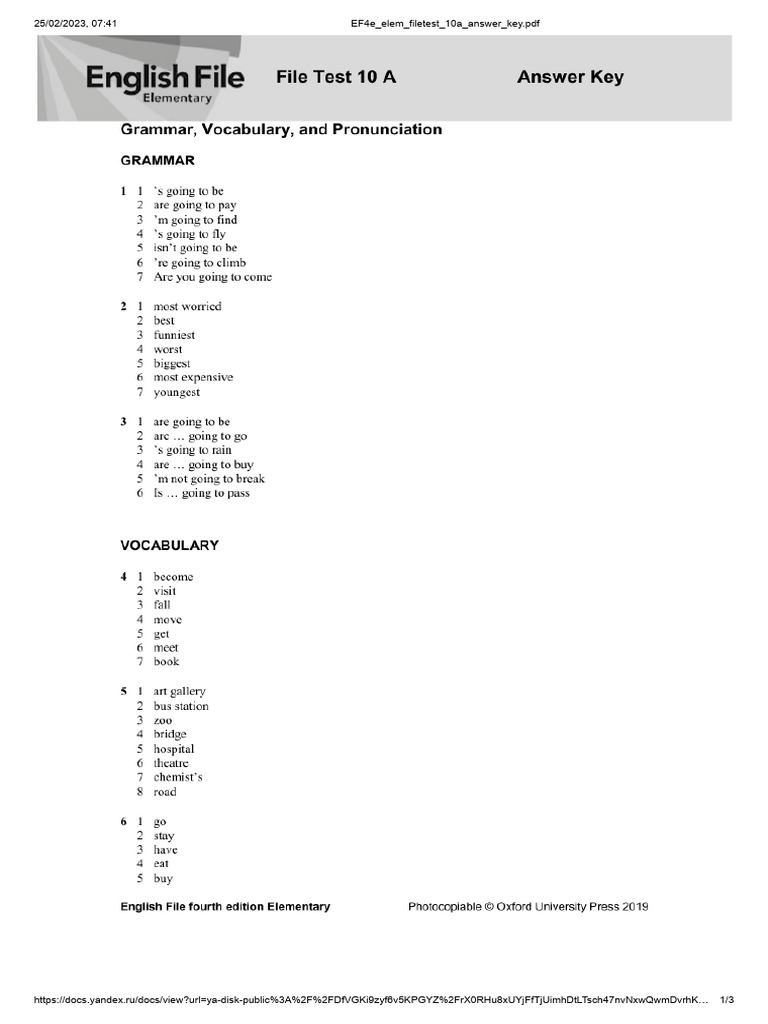EF4e Elem Filetest 10a Answer Key | PDF | Games & Activities