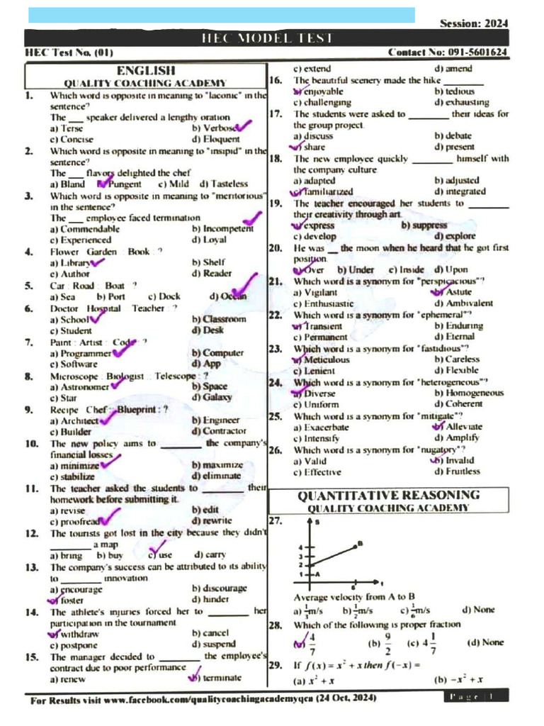 HEC MODEL TEST WITH KEY (Test-1) 24th Oct 2024 | PDF | Technology ...