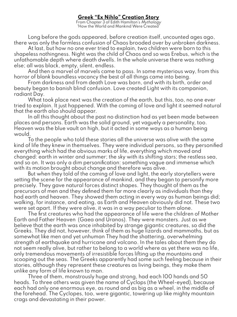 Greek Creation Story | PDF | Zeus | Mythology