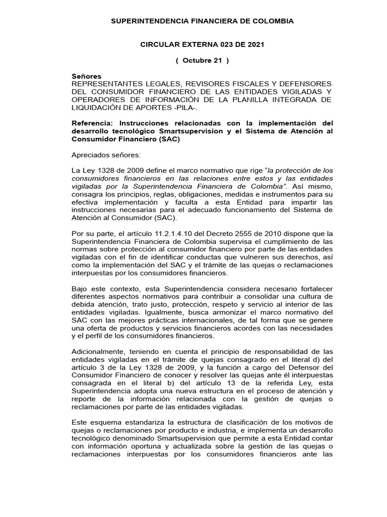 Circular Externa 023 de 2021 | PDF | Seguro | Los consumidores