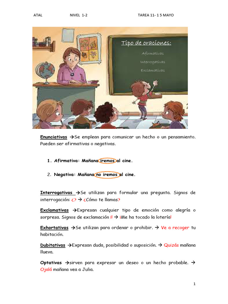 Tipos de Oraciones en Español: Ejercicios | PDF