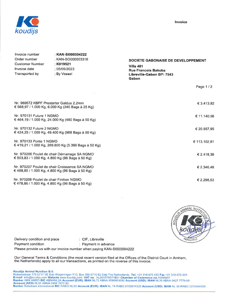 Animal Feed Invoice for Gabon | PDF | Insurance | Invoice