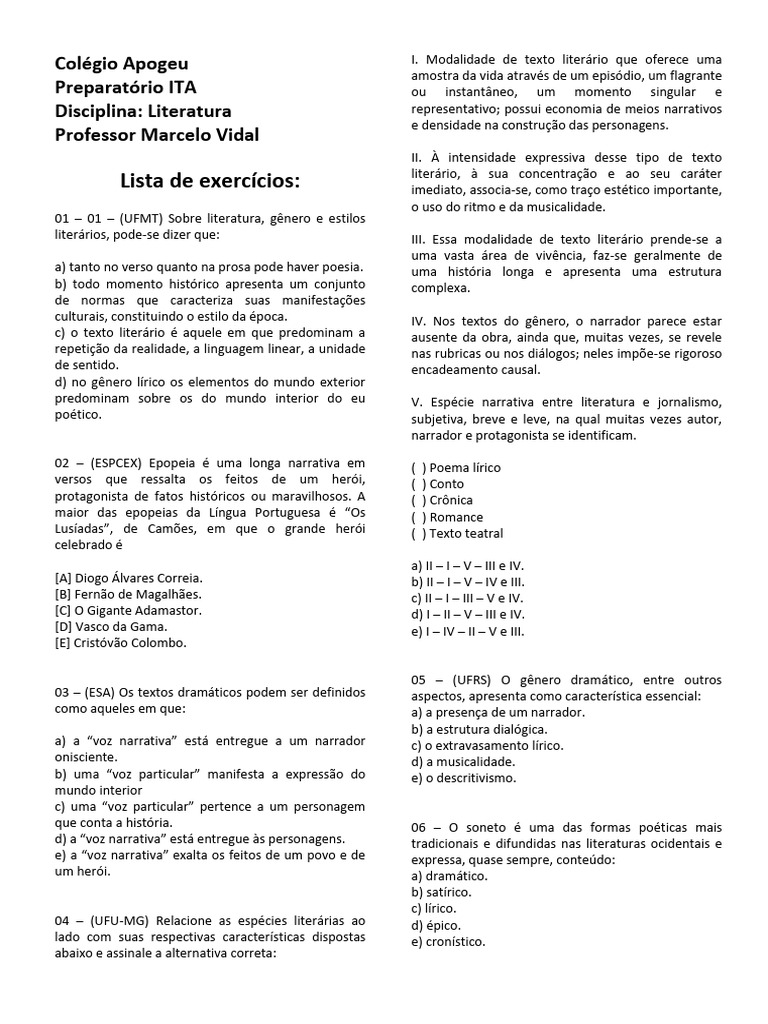 Lista de Exercícios - ITA | PDF | Narrativa | Prosa