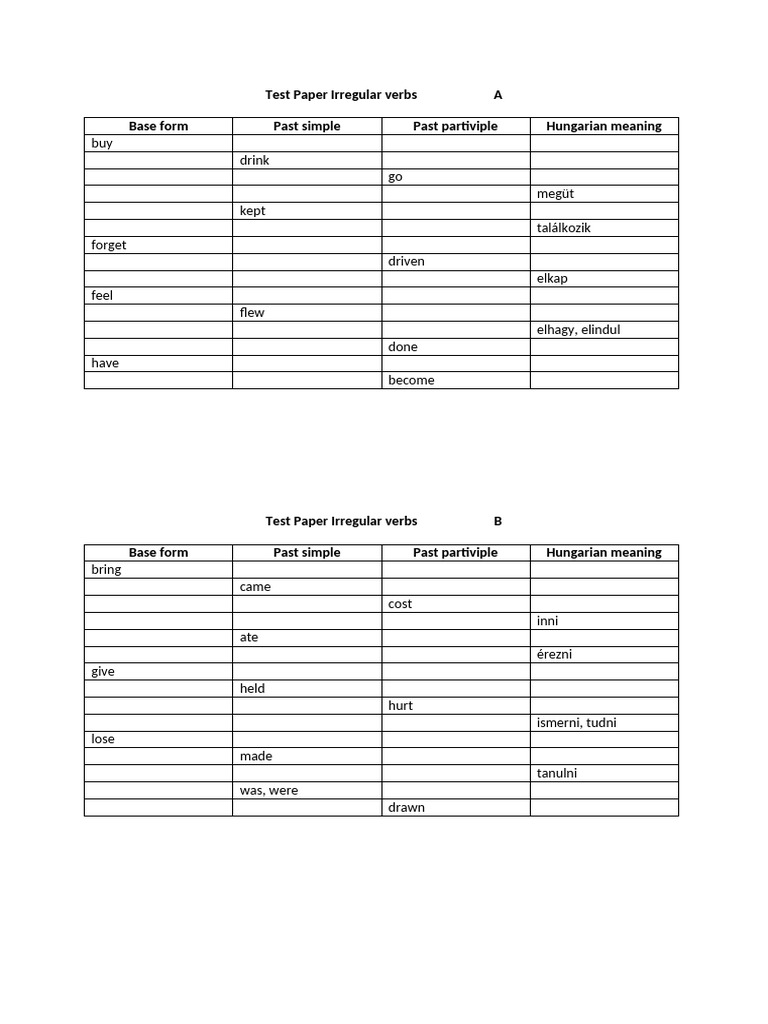 Test Paper Irregular Verbs | PDF