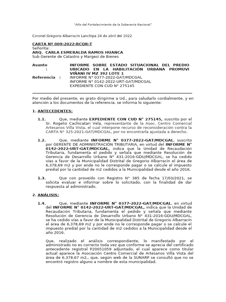 Carta 009-2022 - Villa Vista | PDF