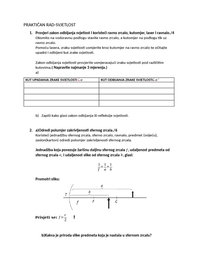 Praktican Rad-Svjetlost | PDF