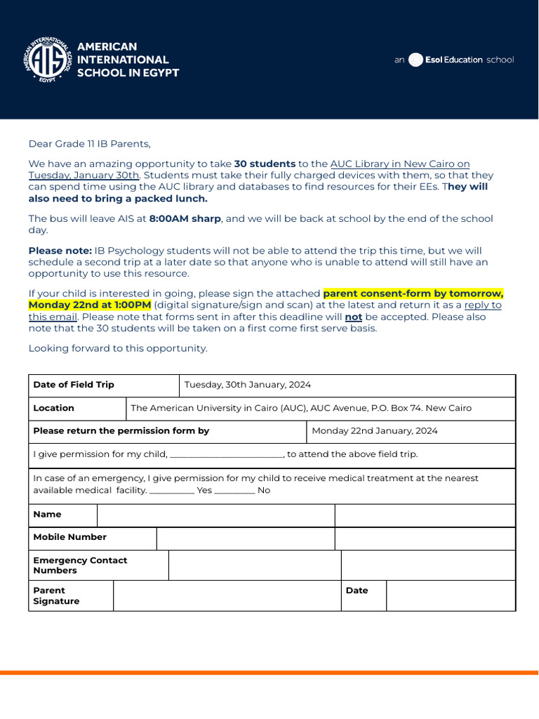 EE AUC Library Field Trip - Consent Form | PDF