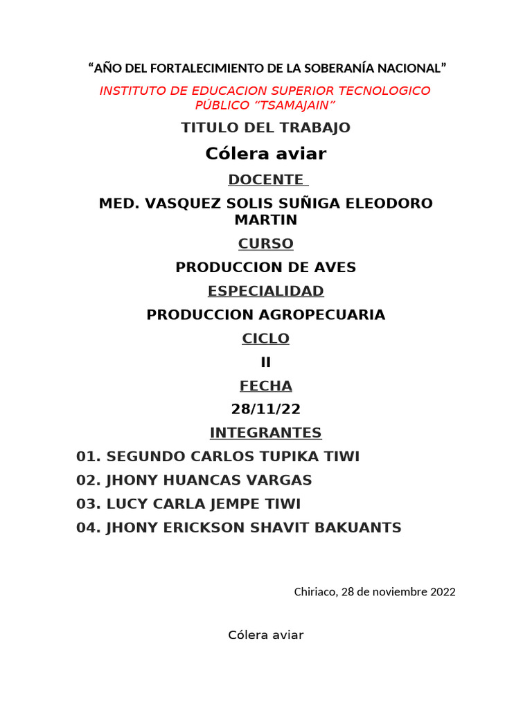 Trabajo de Colera Aviar Martin | PDF | Especialidades Medicas ...