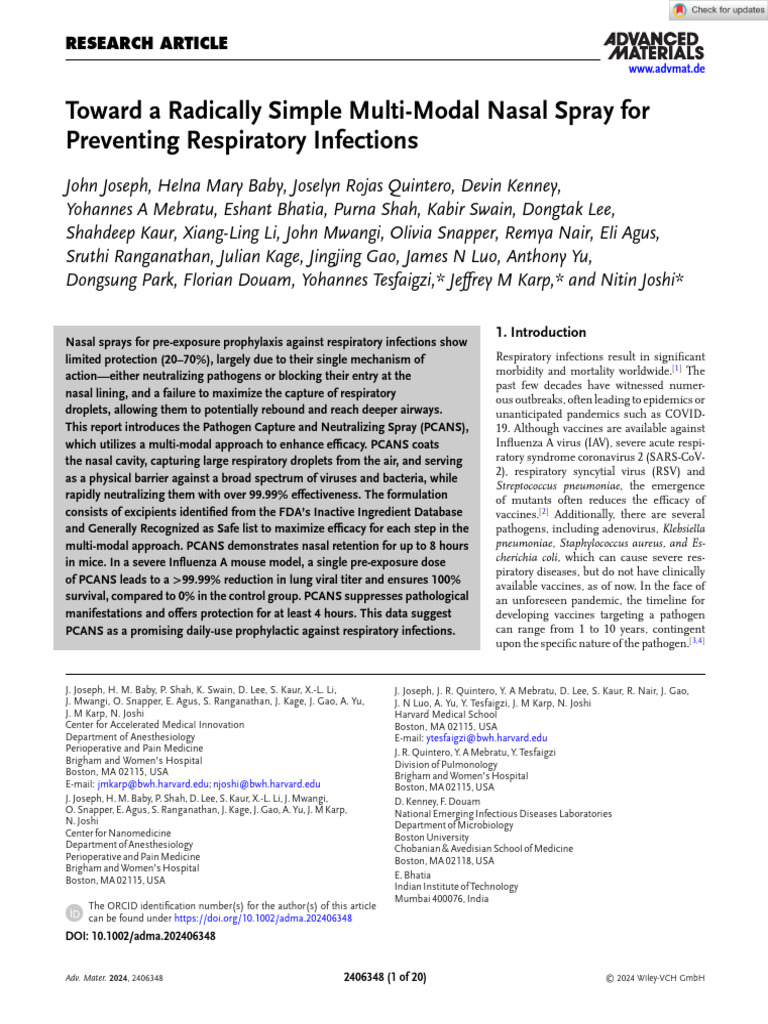 Advanced Materials - 2024 - Joseph - Toward A Radically Simple Multi Modal Nasal Spray For ...