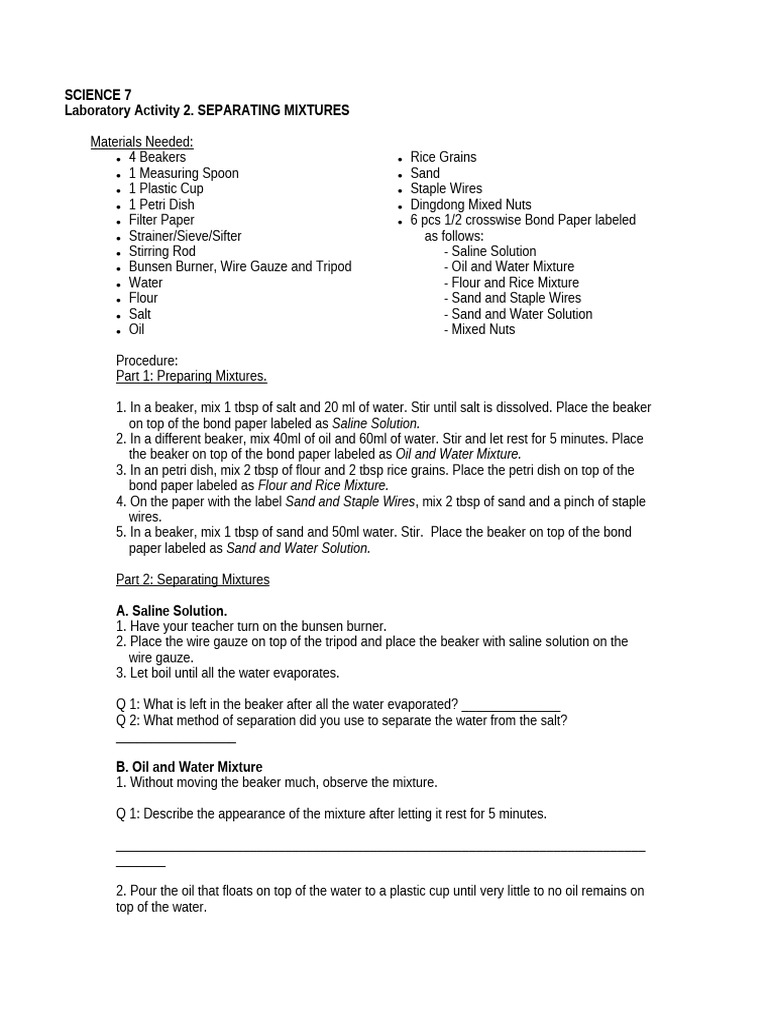 Laboratory Activity: Separating Mixtures | PDF | Tablespoon