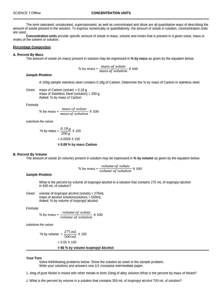 Science 7 Offline Concentration Units | PDF | Concentration | Applied And Interdisciplinary Physics