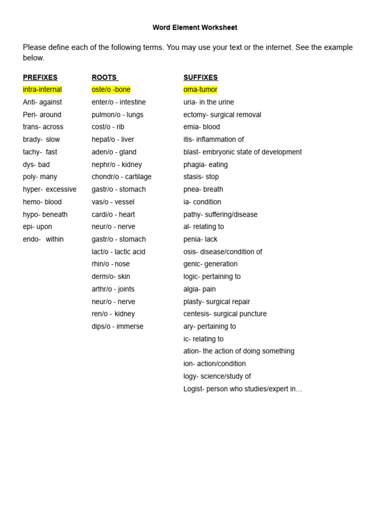 Paige Wright - Word Element Worksheet | PDF | Stomach | Diseases And Disorders