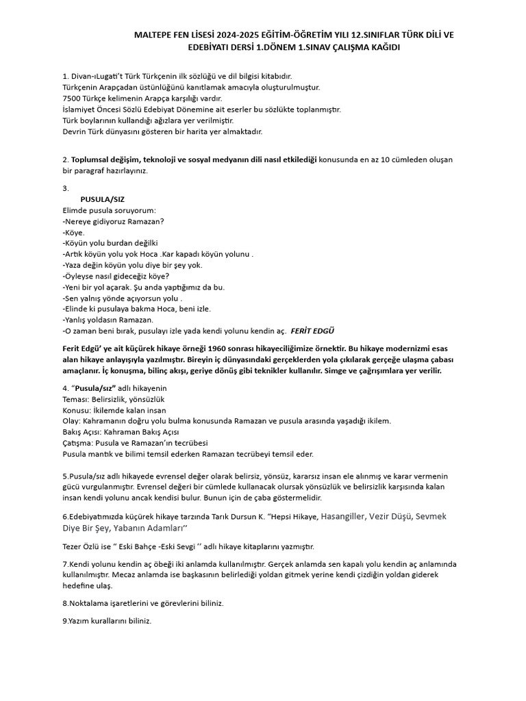 2024-2025 Siniflar 1.dönem 1.sinav Çalişma Kağidi | PDF