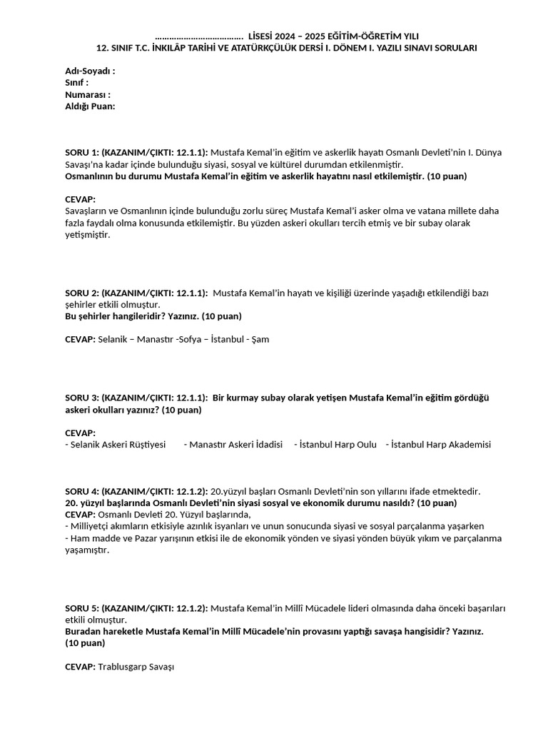 12 Inkilap Tarihi I. Donem I. Yazili Cevap Anahtari | PDF