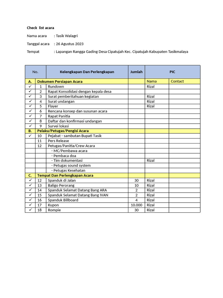 Check List Acara Walagri | PDF
