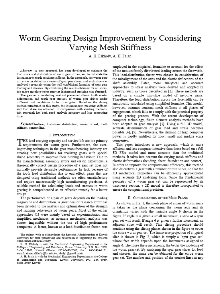 Worm Gearing Design Improvement by Considering Varying Mesh Stiffness ...