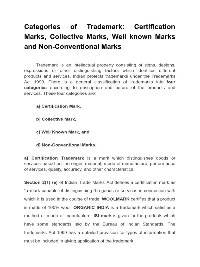 Categories of Trademark - Certification Marks, Collective Marks, Well ...