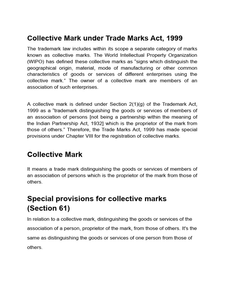 Collective Mark Under Trade Marks Act, 1999 Share This | PDF ...