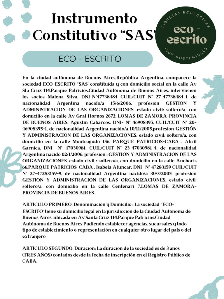 Instrumento Constitutivo "SAS": Eco - Escrito | PDF | Compartir (Finanzas) | Dividendo