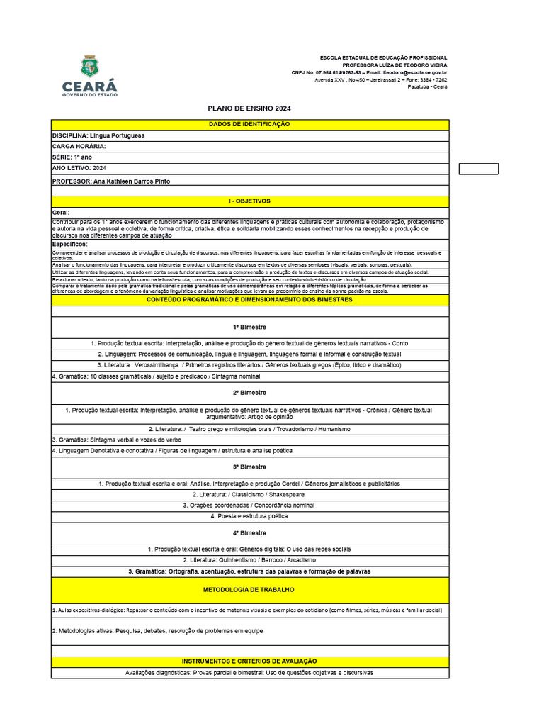 Plano De Ensino Anual 2024 PortuguÊs Pdf Linguística Revisão 8567