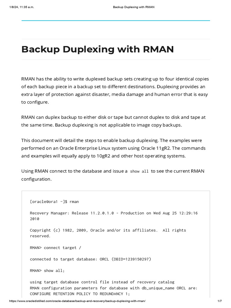Backup Duplexing With Rman Pdf Backup Oracle Corporation