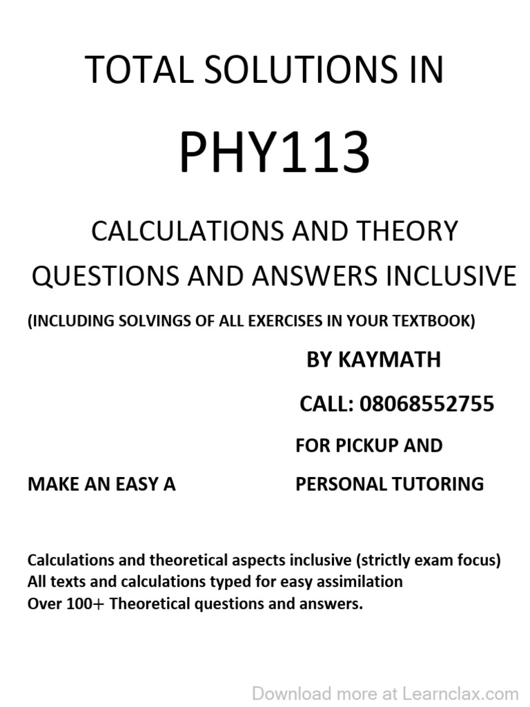 PHY113-Total Solutions in Vibrations, Waves and Optics (PHY113) Calculations and Theory ...