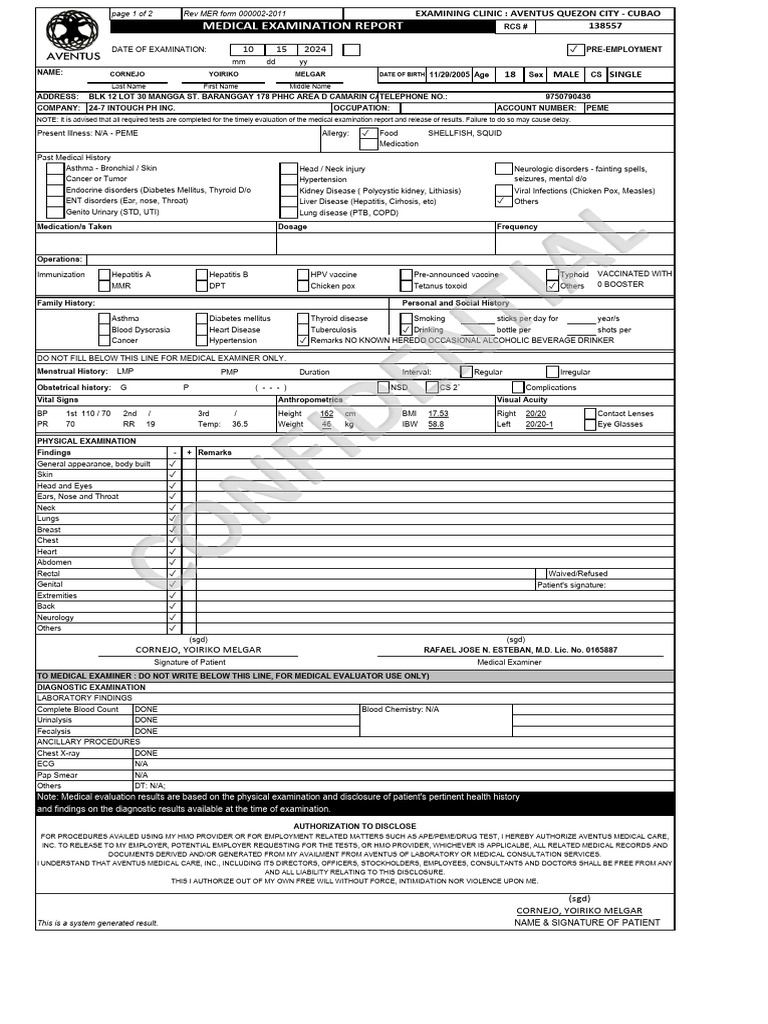Pre-Employment Medical Exam Report | PDF | Physical Examination | Hepatitis