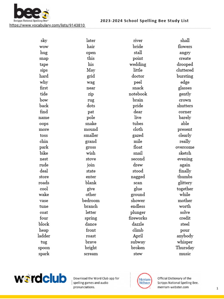 Kami Export - 2023-2024 School Spelling Bee Study List | PDF