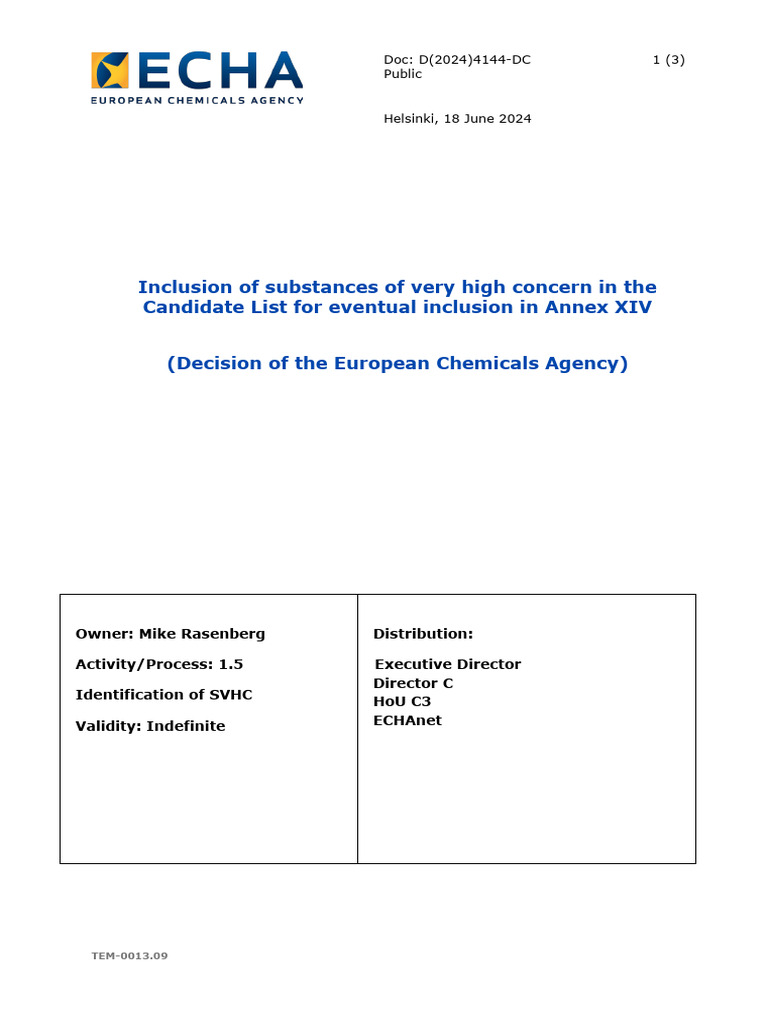 Inclusion of Substances of Very High Concern in The Candidate List For ...