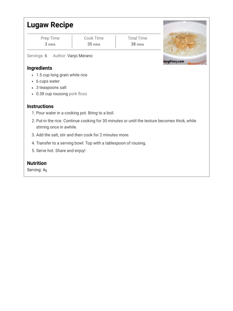 Lugaw Recipe - Panlasang Pinoy | PDF | Cooking, Food & Wine | Wellness