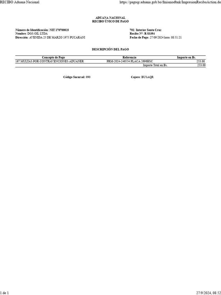 Pago de Multa Aduanera DGS Oil Ltda | PDF