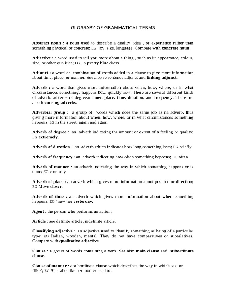 Grammatical Terms Glossary | PDF | Adverb | Verb