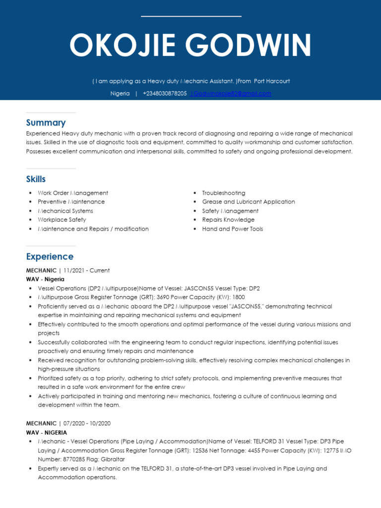 Godwin Okojie CURRICULUM As Mechanic Assistant | PDF | Tonnage | Safety