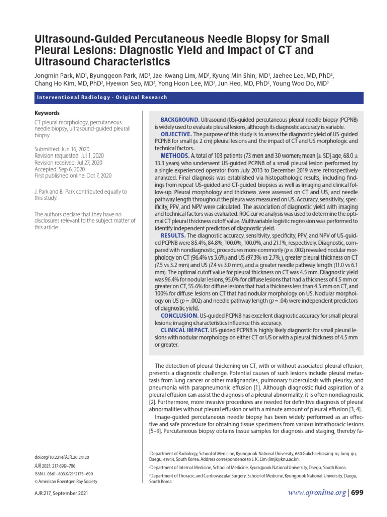 Park Et Al 2020 Ultrasound Guided Percutaneous Needle Biopsy For Small Pleural Lesions ...