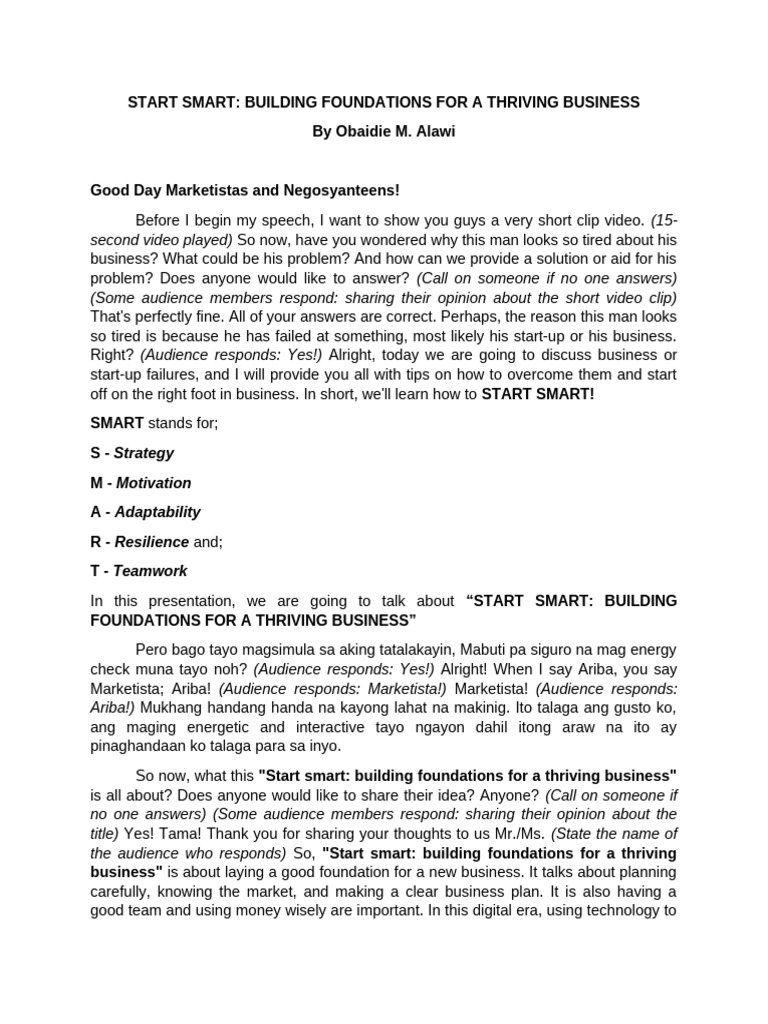 Start Smart (Speech) | PDF | Startup Company | Small Business ...