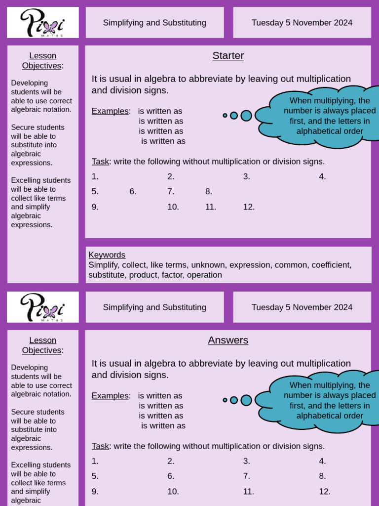 Simplifying and Substituting PixiPPt | PDF | Multiplication | Abstract ...