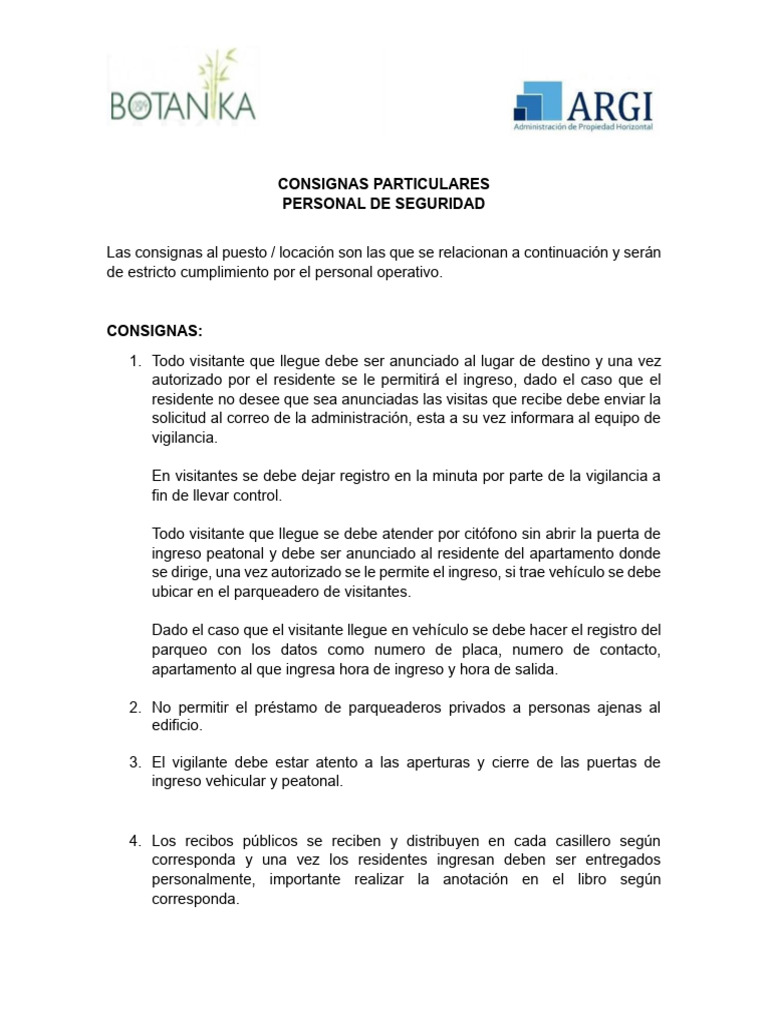 CONSIGNAS OPERATIVAS EDIFICIO BOTANIKA v1 2023 | PDF | Vigilancia ...