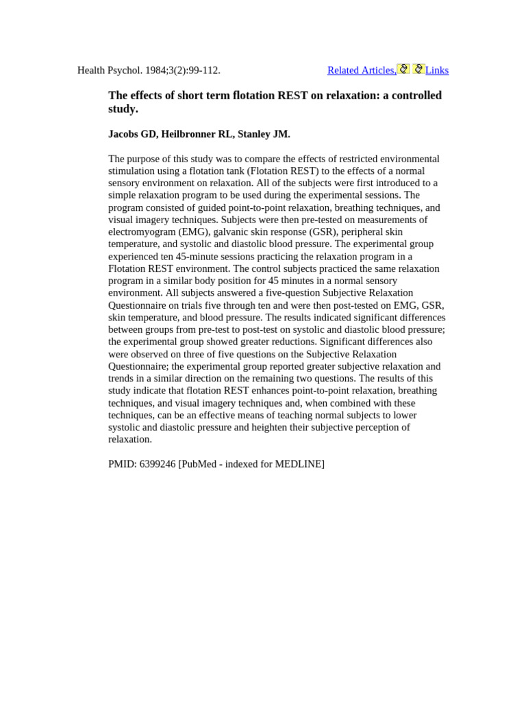 Heilbronner and Stanley - (1984) - Short Term REST - Relaxation | PDF