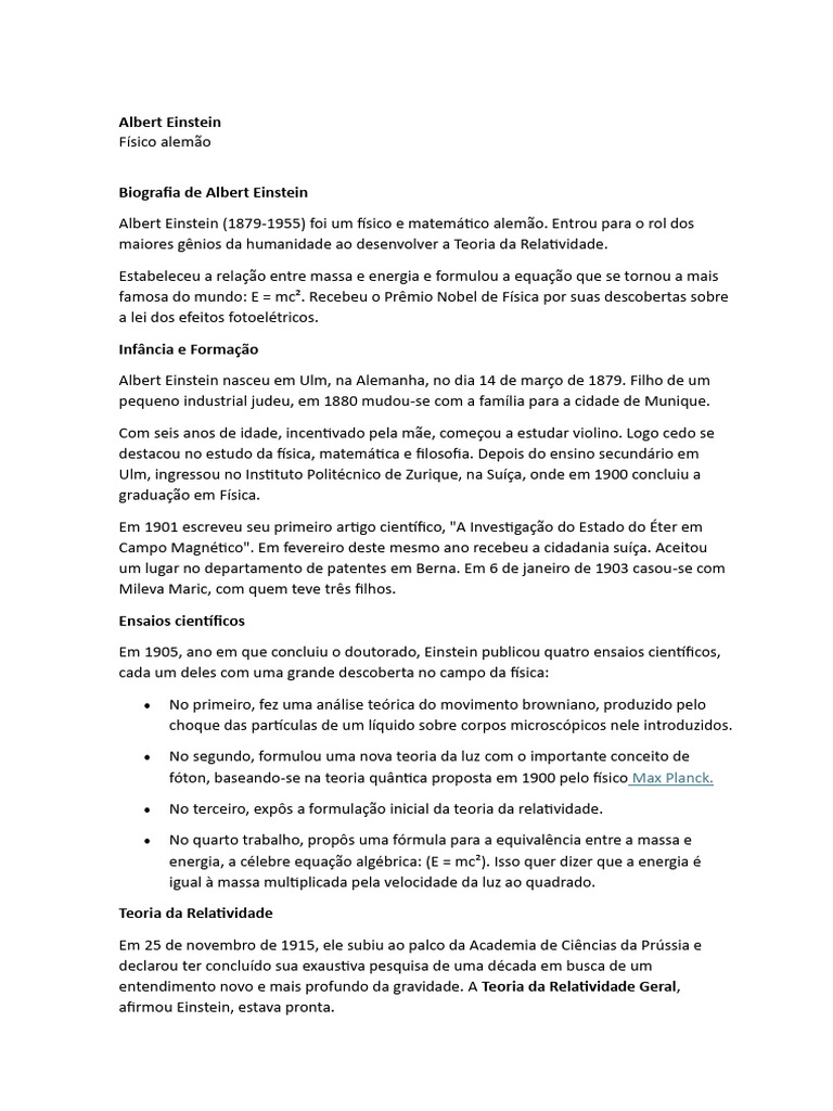 Biografia Resumida Albert Einstein | PDF | Albert Einstein | Física