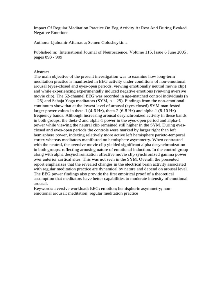 Impact of Regular Meditation Practice On Eeg Activity at Rest and ...