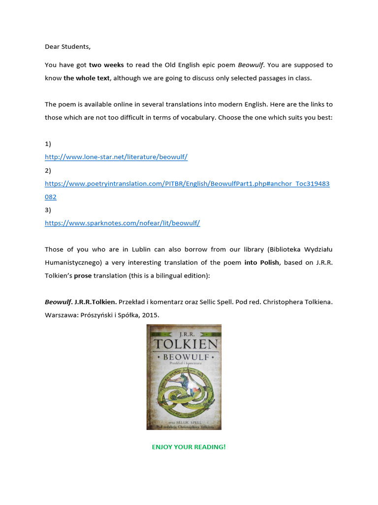 3 - BEOWULF - Reading Assignment & Links | PDF | Classics | General Fiction
