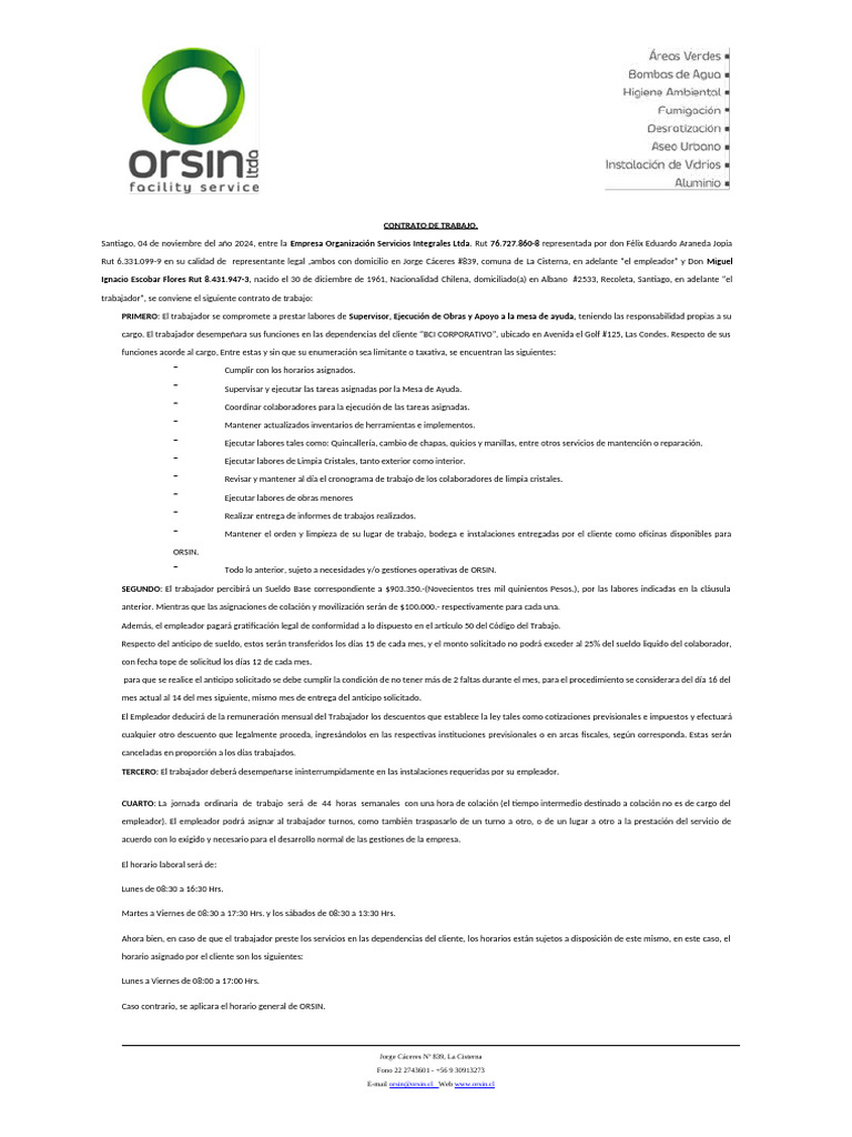 Contrato de Trabajo: Supervisor ORSIN | PDF | Tiempo de trabajo