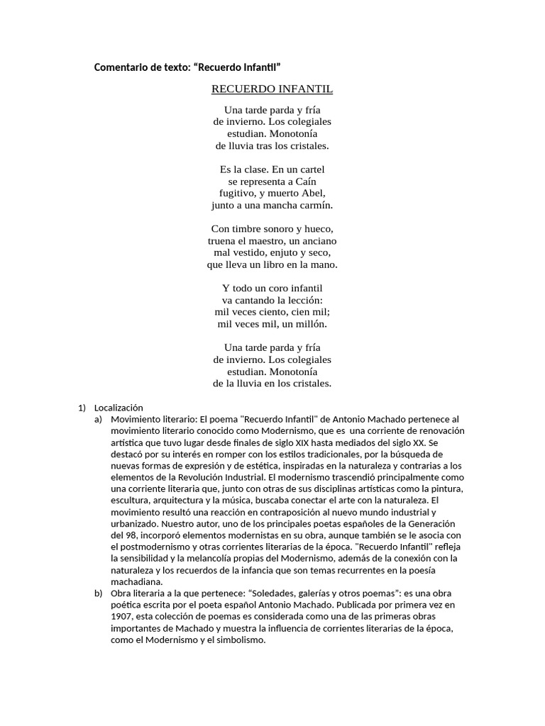 Análisis del poema "Recuerdo Infantil" | PDF | Poesía | Las artes
